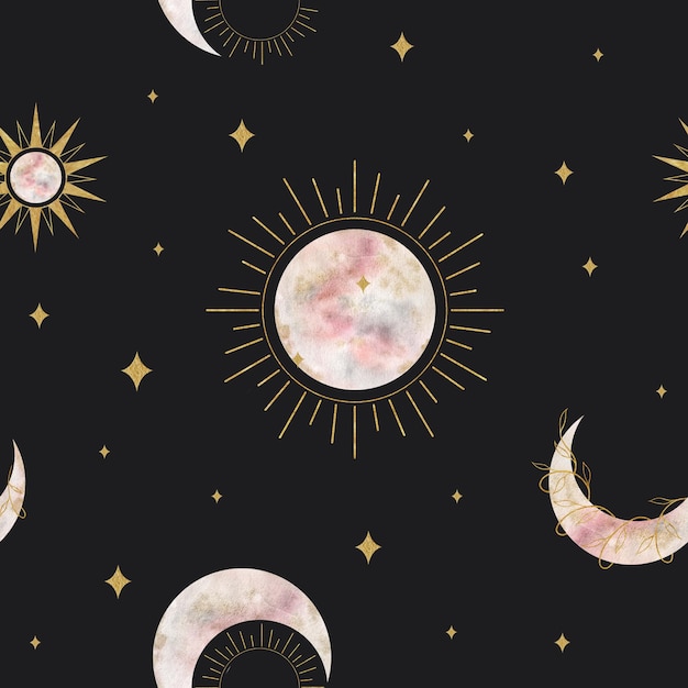 Premium Vector | Crescent moon stars and sun Watercolor seamless ... Premium Vector | Crescent moon stars and sun Watercolor seamless ...