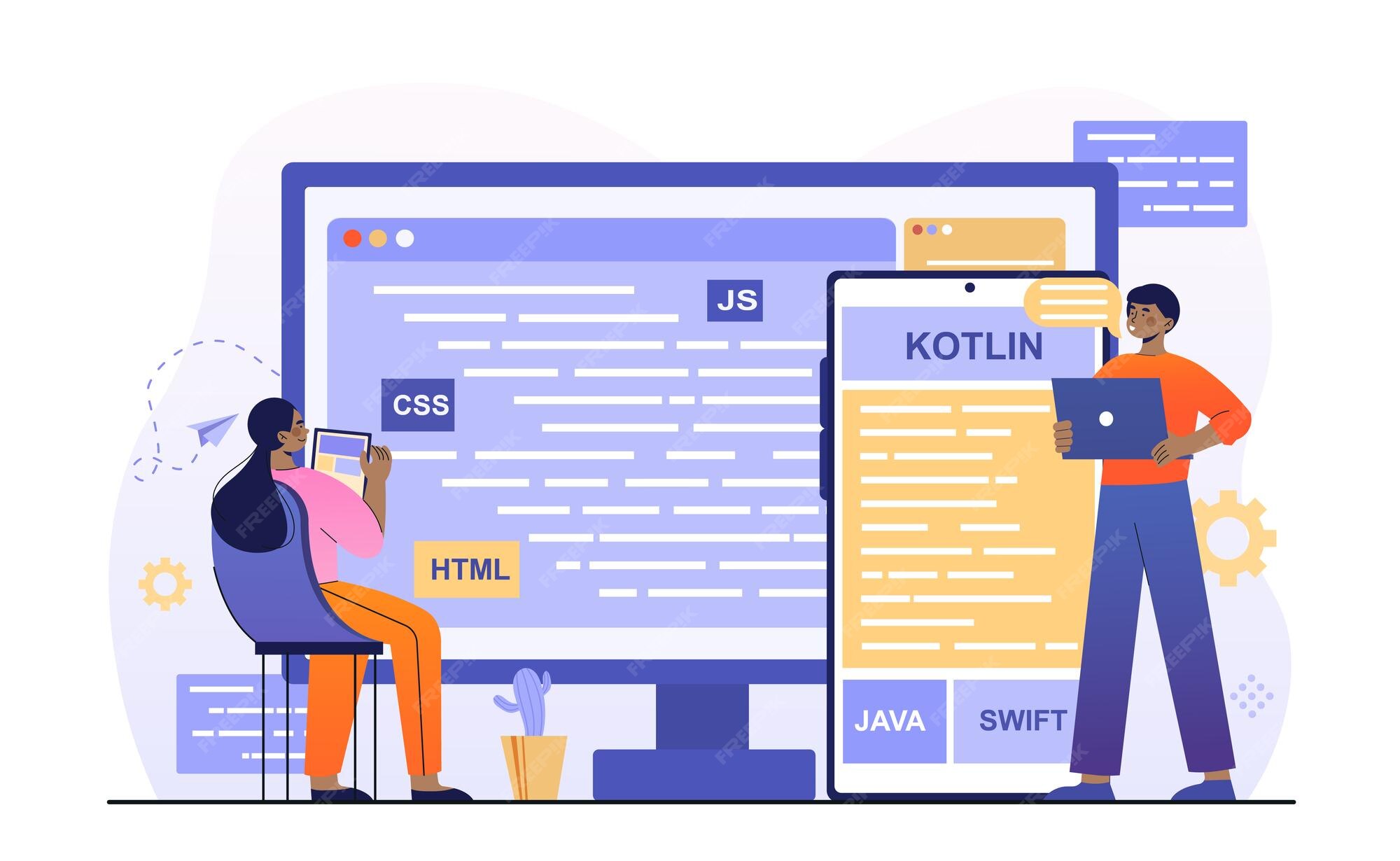 Premium Vector | Cross platform coding concept web developers create app for phone computer and ...
