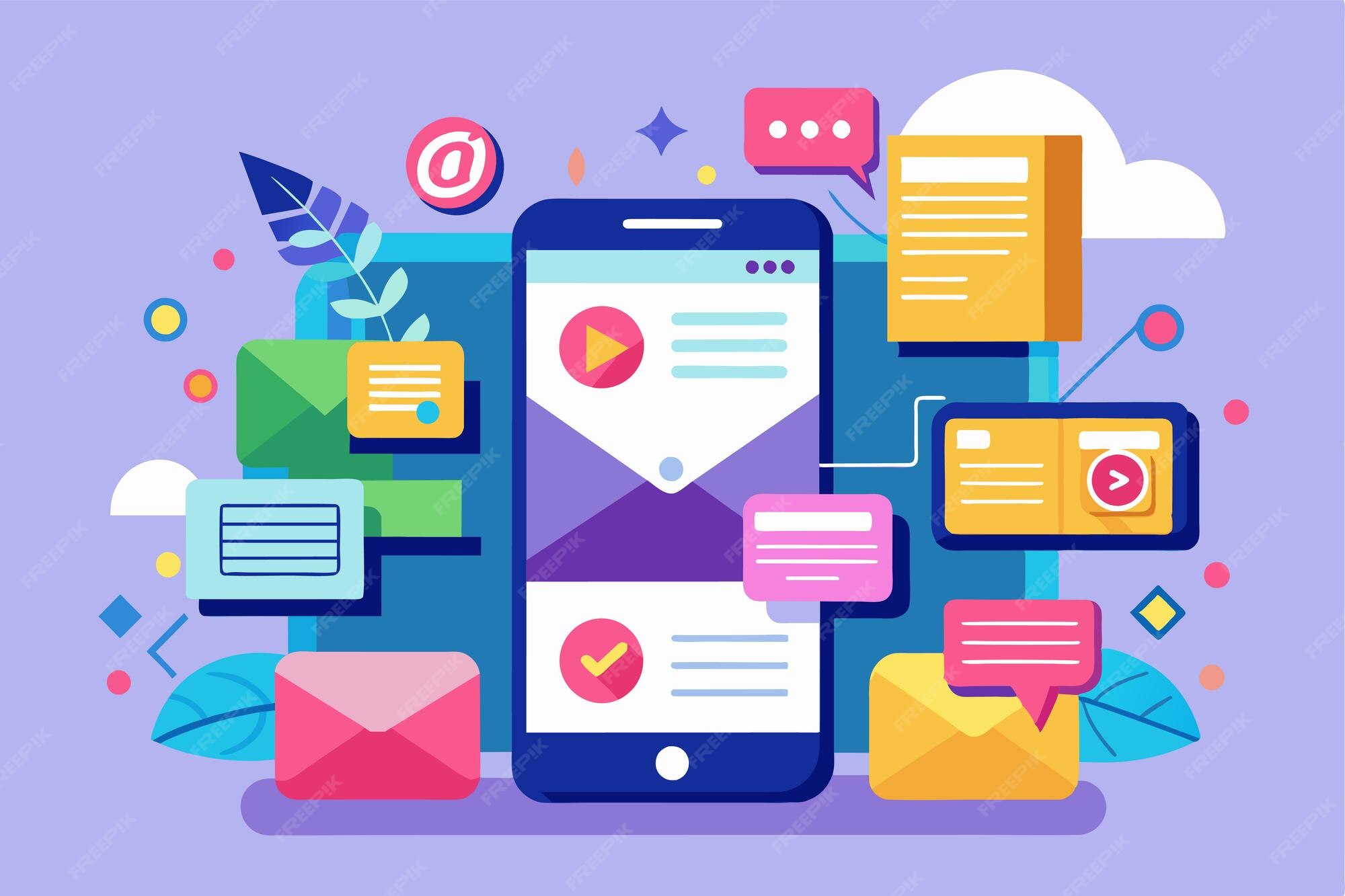 A customizable mobile inbox displays colorful message bubbles and notifications enhancing ...