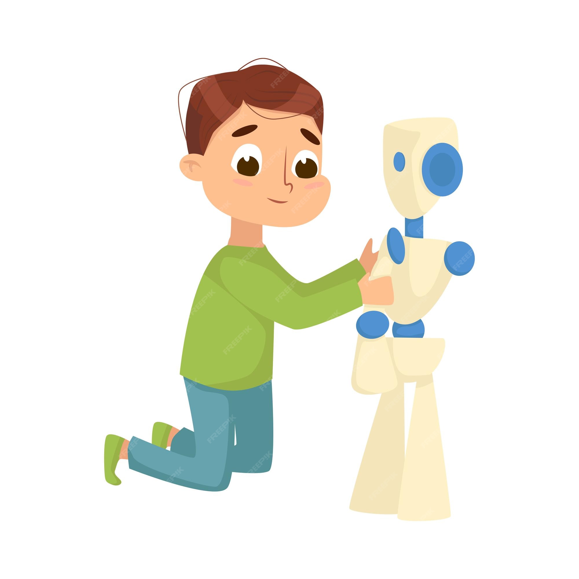 Premium Vector | Cute boy creating and programming smart robot ...