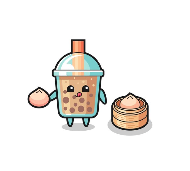 Premium Vector Cute Bubble Tea Character Eating Steamed Buns Cute