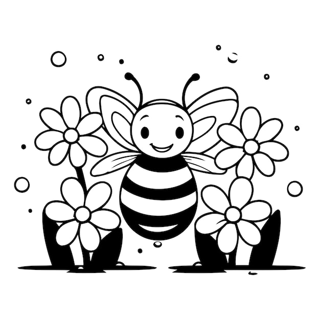 Premium Vector Cute Cartoon Bee And Flowers Vector Illustration On