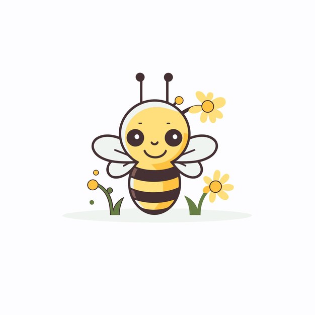 Premium Vector Cute Cartoon Bee With Flowers Vector Illustration In