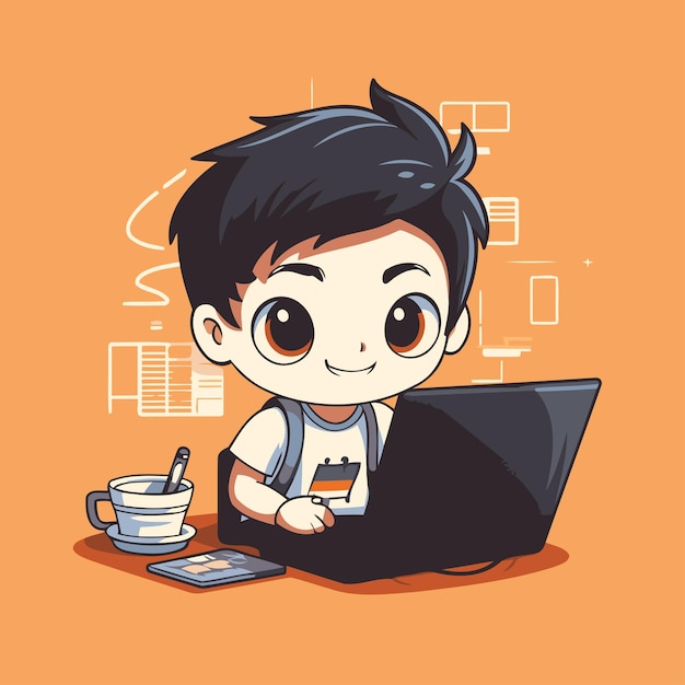 Cute cartoon boy working on laptop computer Vector illustration of a ... Cute cartoon boy working on laptop computer Vector illustration of a ...