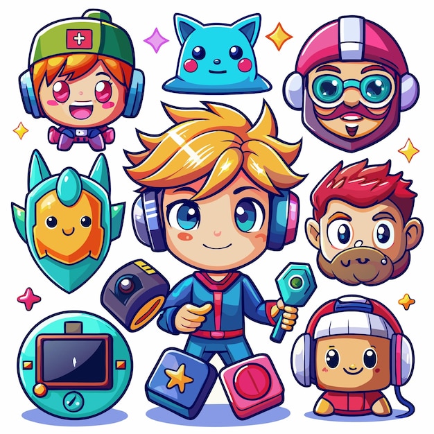 Cute Cartoon Characters With Different Accessories And Gadgets Premium Ai Generated Vector
