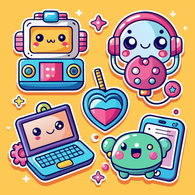 Cute Cartoon Characters With Electronics Heart And Stars On A Yellow Background Premium Ai