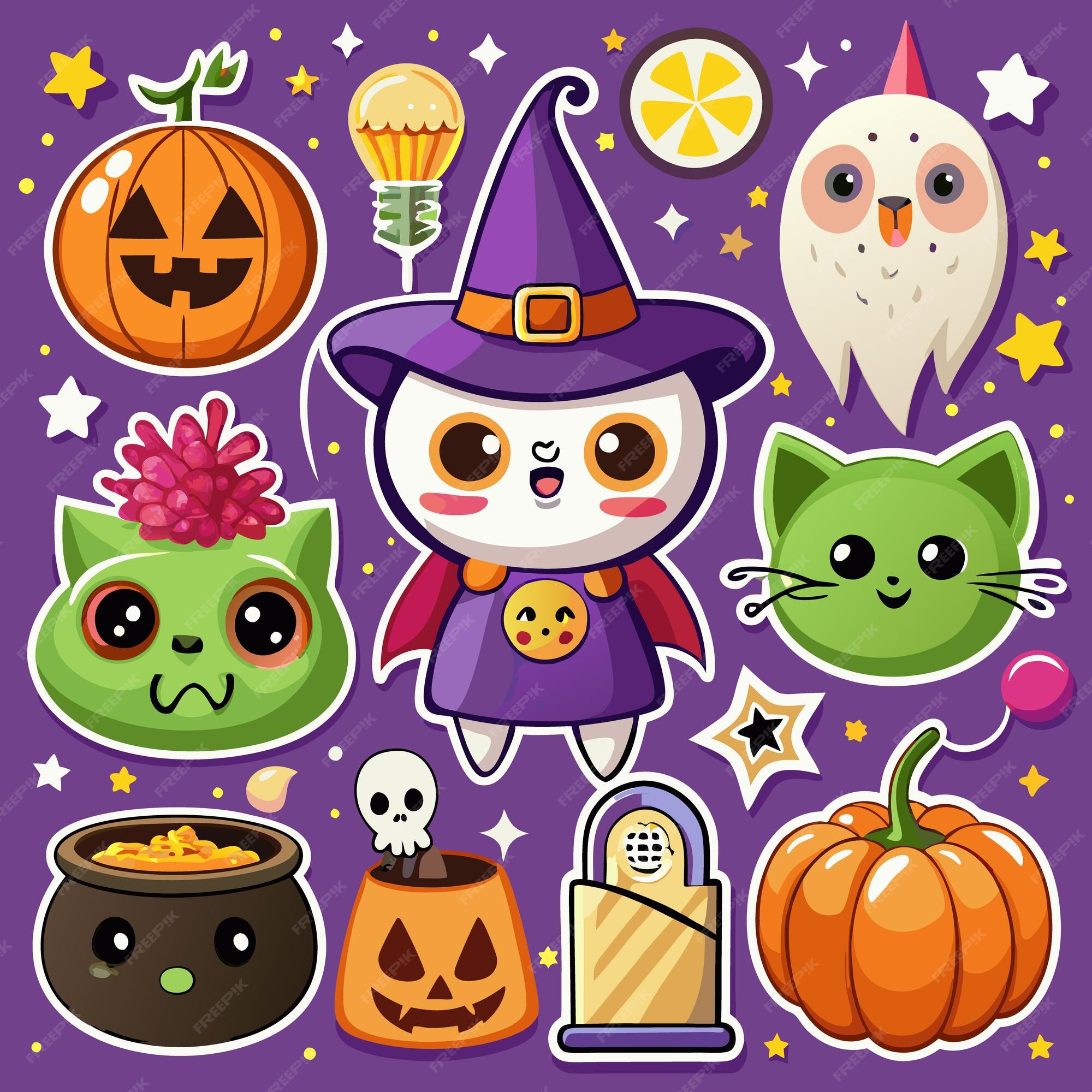 A Cute Cartoon Halloween Sticker Set With Cats Pumpkins A Witch Hat A Cauldron A Ghost And A