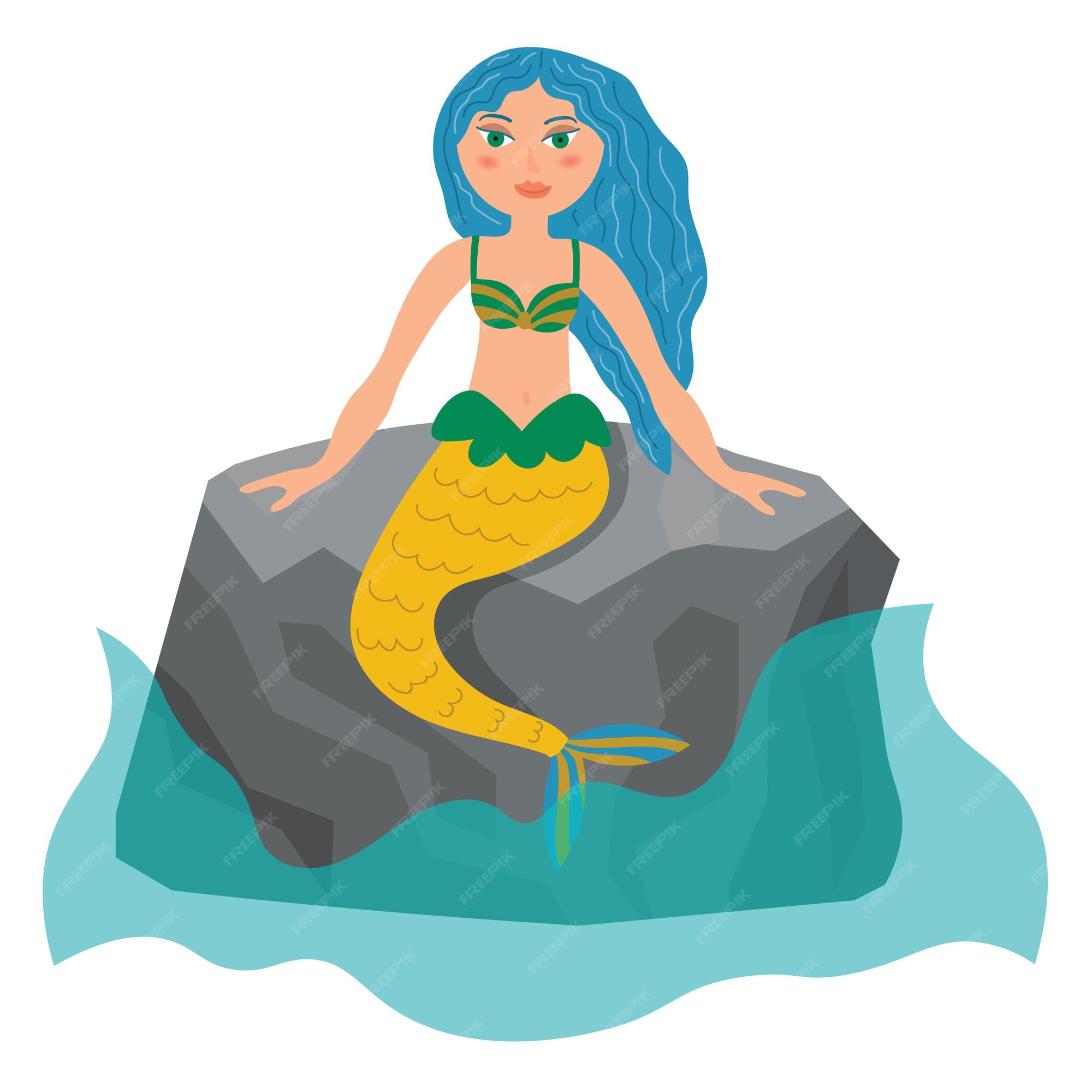Premium Vector Cute Cartoon Mermaid Sitting On The Rock In The Sea In Flat Style Isolated On