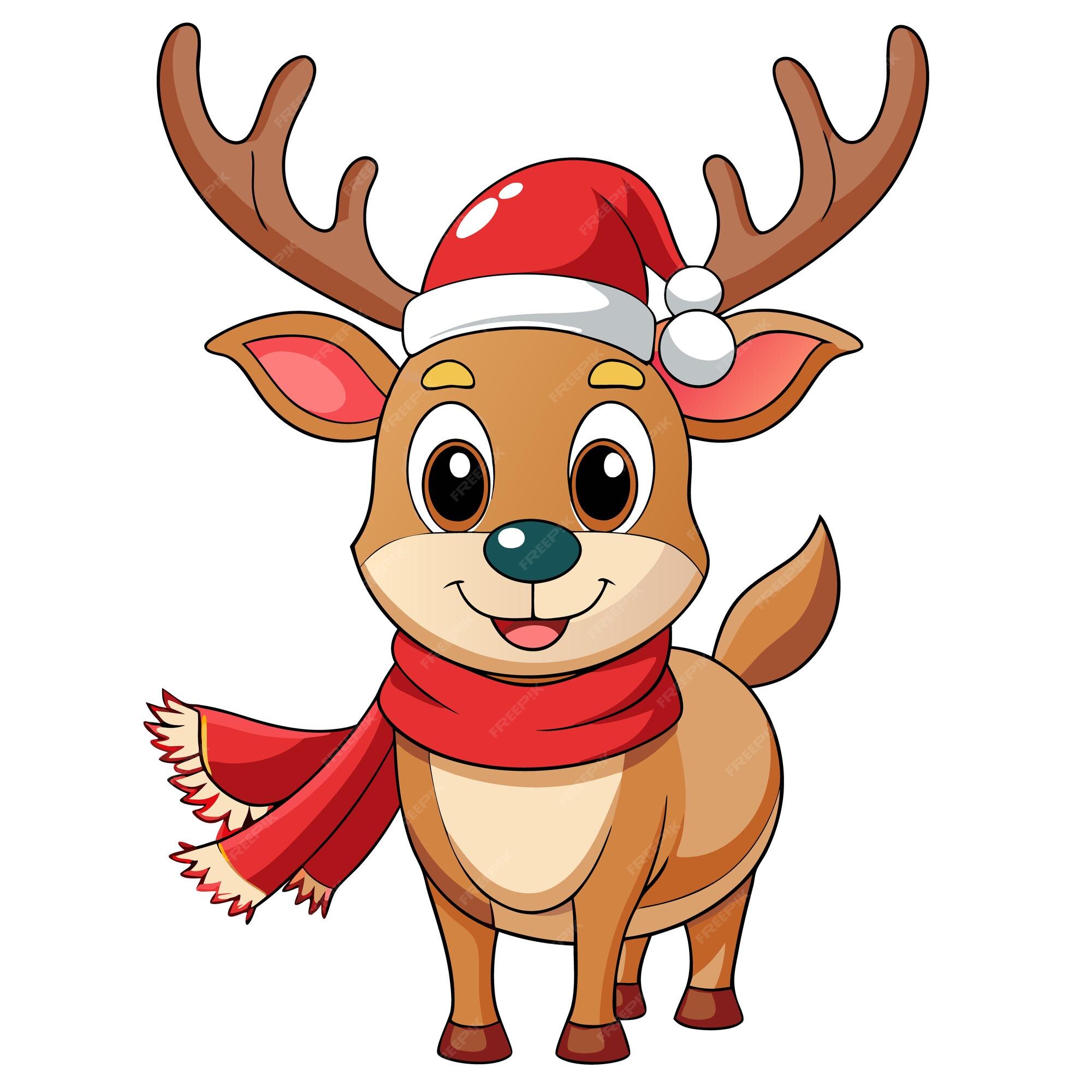 Cute Cartoon Reindeer Wearing Christmas Hat And Scarf Holiday Season