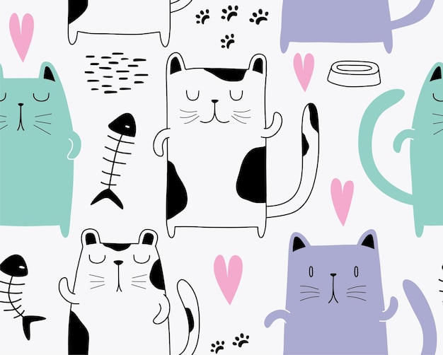 Premium Vector Cute Cat Seamless Pattern Vector Illustration
