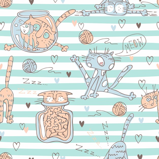 Premium Vector Cute Cats On Striped Pattern
