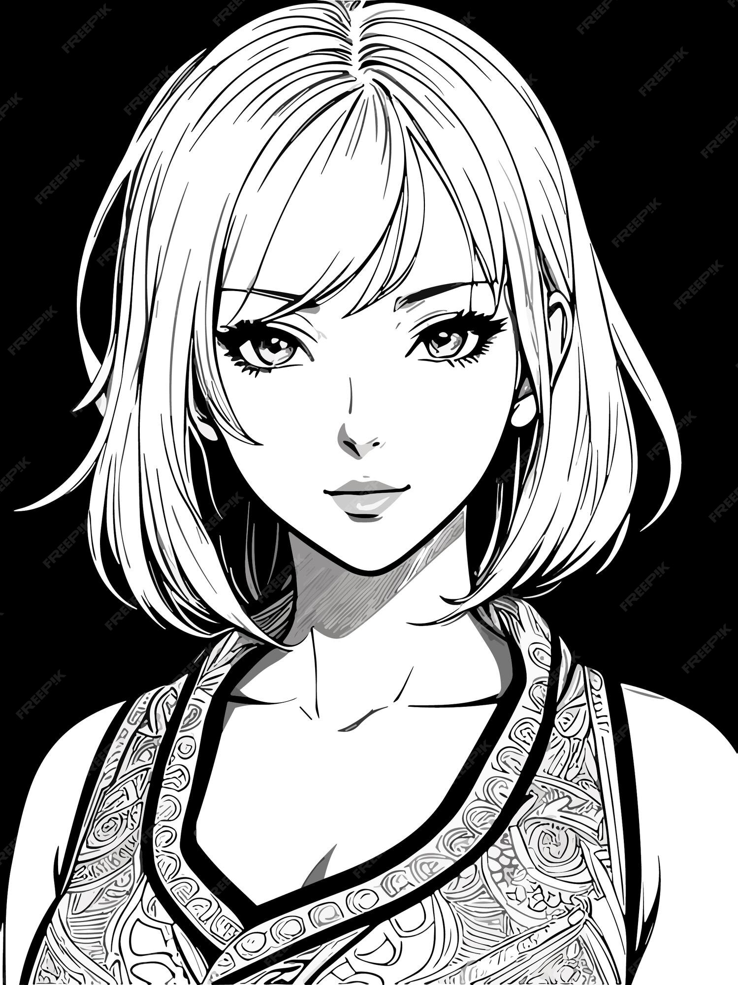 Premium Vector Cute Female Short Hair Sketch Black And White Anime