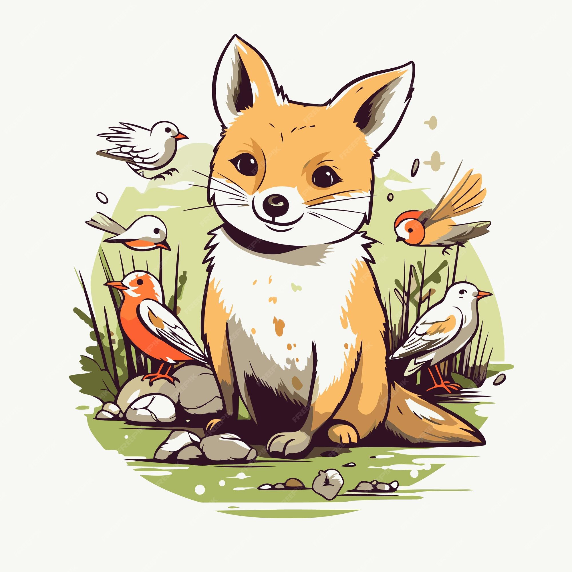 Premium Vector Cute Fox Sitting On The Ground And Looking At Birds Vector Illustration