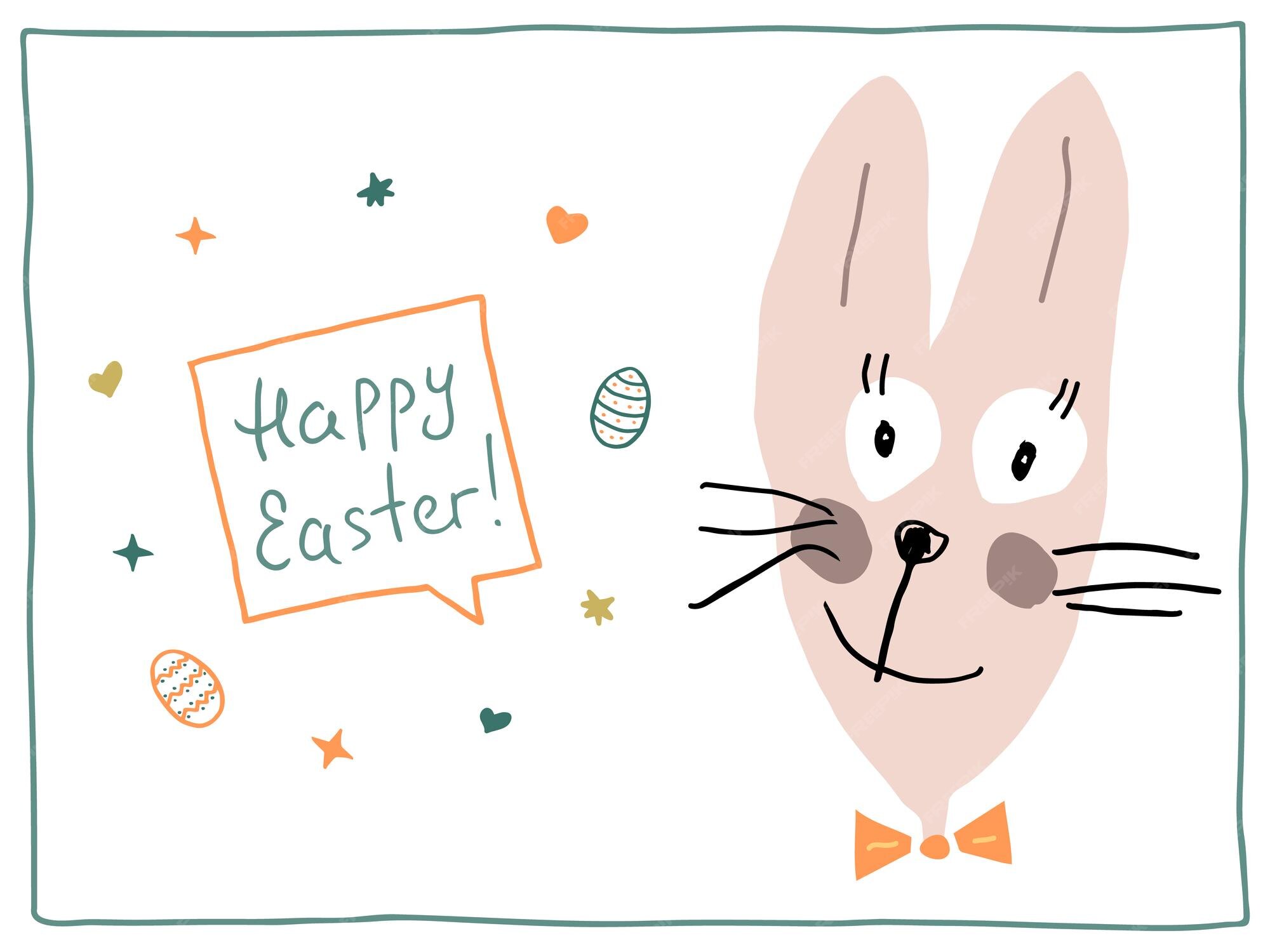 Premium Vector Cute Funny Easter Bunny With Lettering Happy Easter A Handdrawn Hare Cartoon
