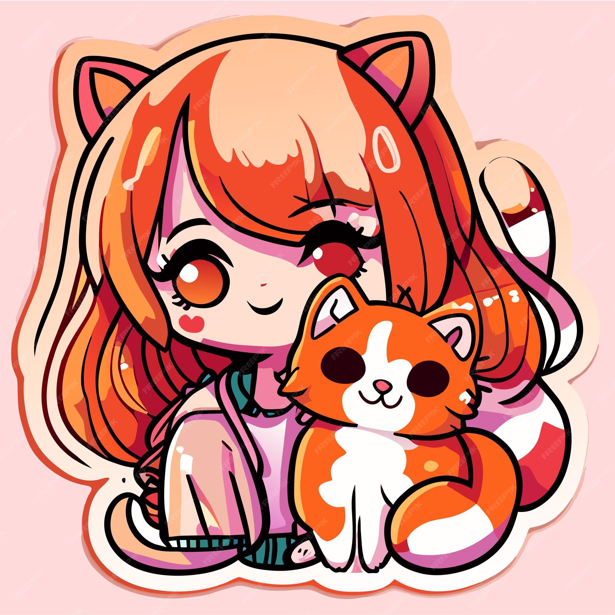 かわいい女の子と猫かわいい手描き漫画ステッカー アイコン コンセプト分離イラスト プレミアムベクター