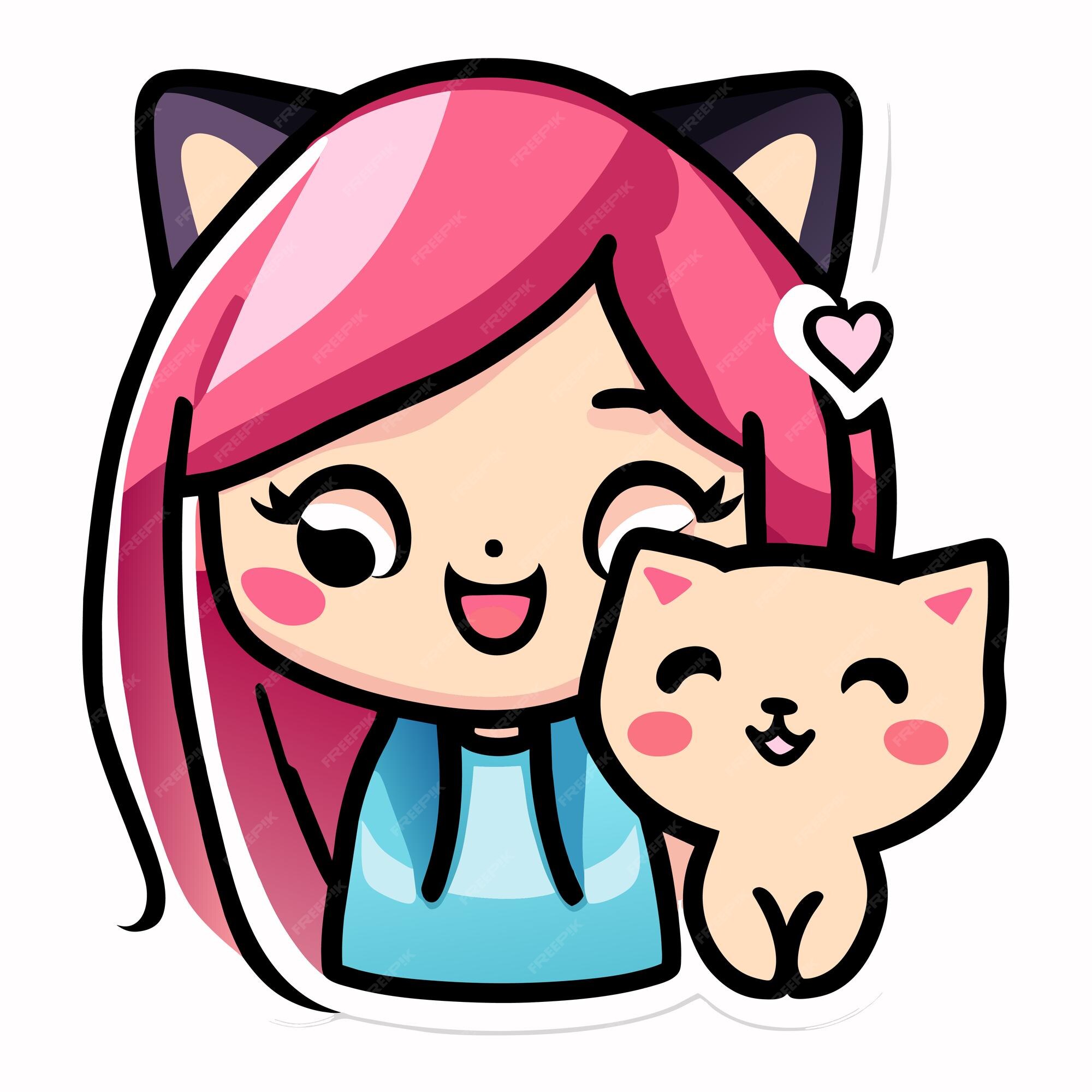 かわいい女の子と猫かわいい手描き漫画ステッカー アイコン コンセプト分離イラスト プレミアムベクター