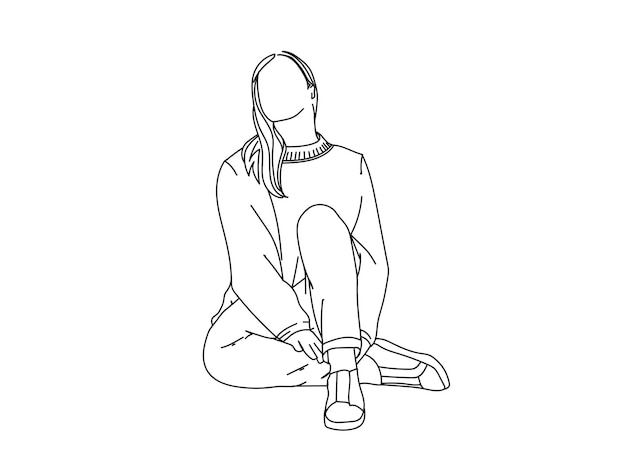 Premium Vector Cute Girl Line Art Drawing