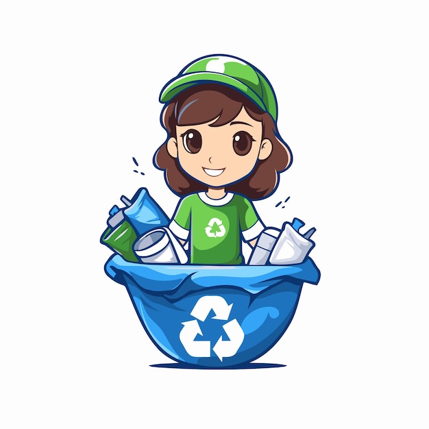 Premium Vector Cute Girl Sorting Garbage In A Trash Can Vector