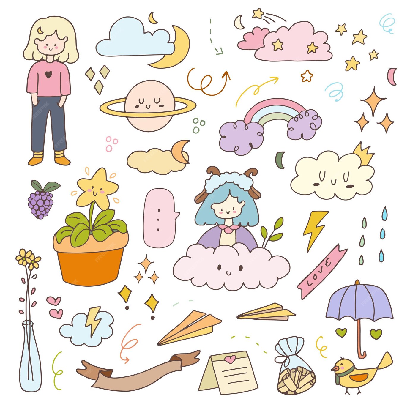 Premium Vector Cute Girl Sticker Cartoon Illustration Doodle Badges