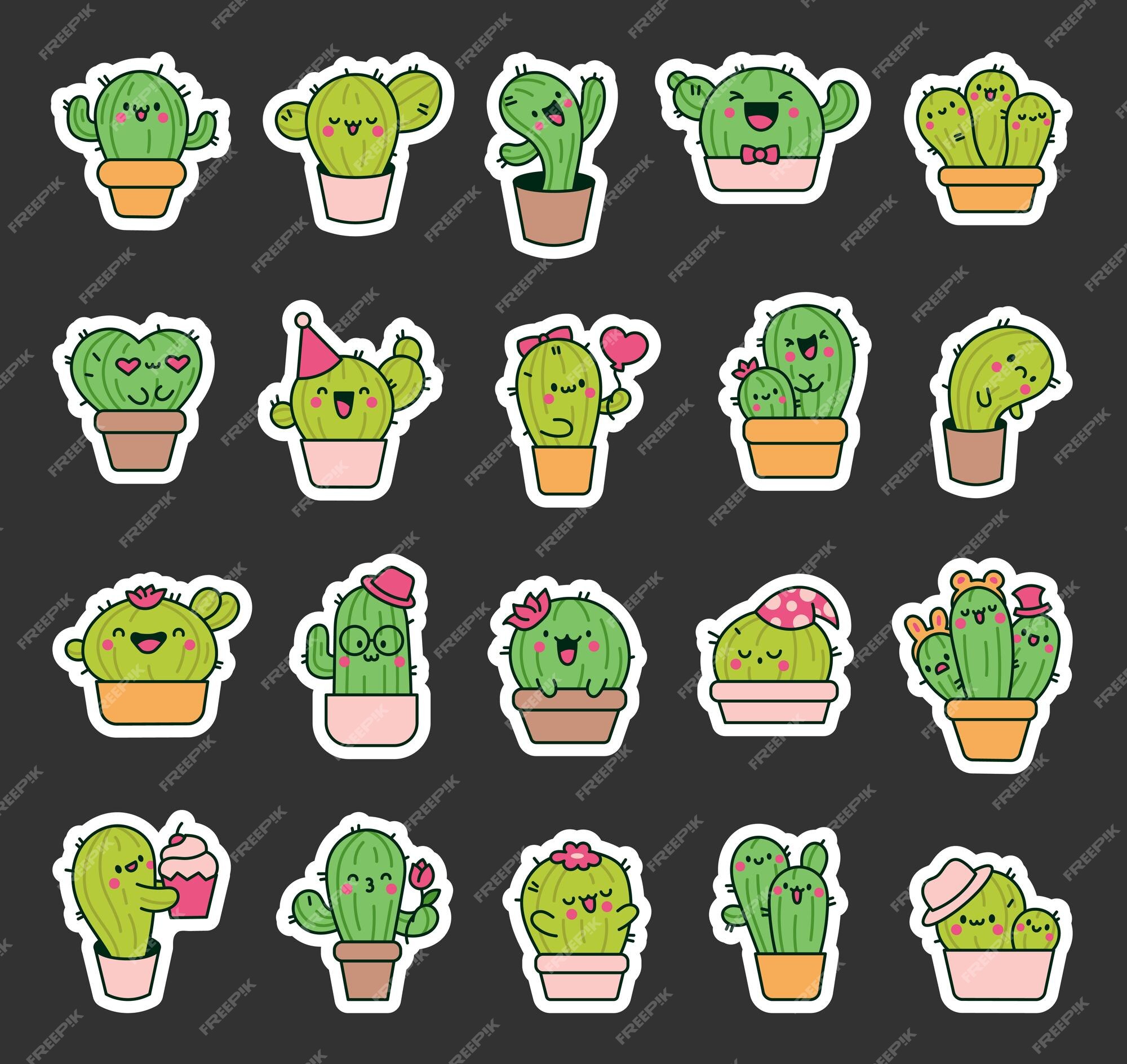 Premium Vector Cute Kawaii Cactus Sticker Bookmark Funny Succulent