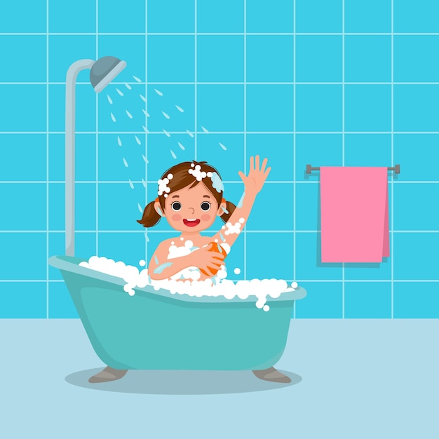 Premium Vector | Cute little girl taking a bath in the bathtub Premium Vector | Cute little girl taking a bath in the bathtub