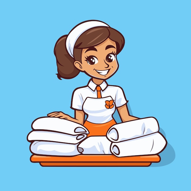 Premium Vector Cute Maid Holding Stack Of Clean Towels Vector Cartoon Illustration
