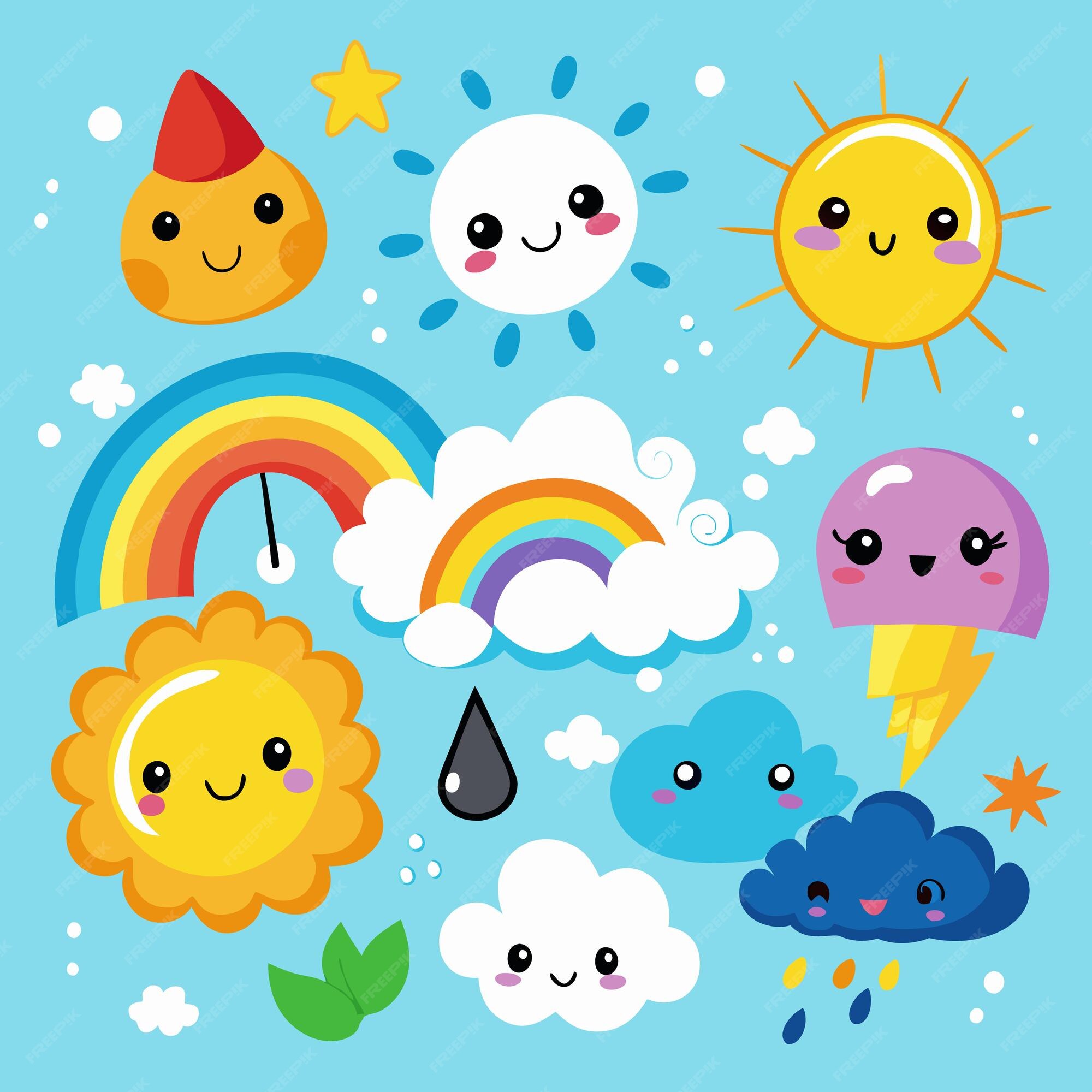 Cute Weather Elements Sun Clouds Rainbow And Rain Premium Ai