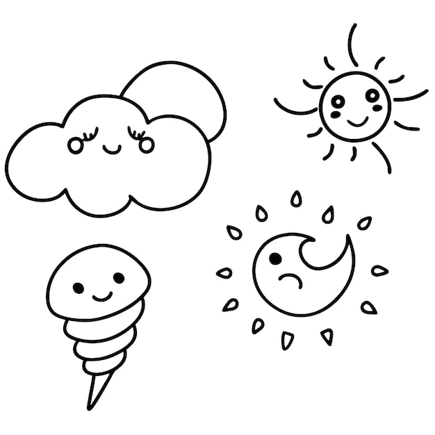 Cute Weather Icons With Sun Cloud And Tornado Illustrations Premium