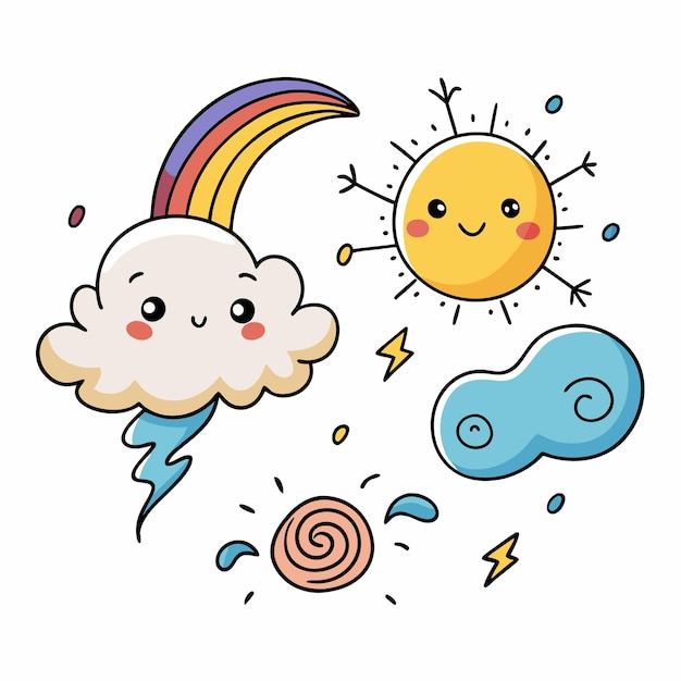 Cute Weather Icons With Sun Cloud And Tornado Illustrations Premium