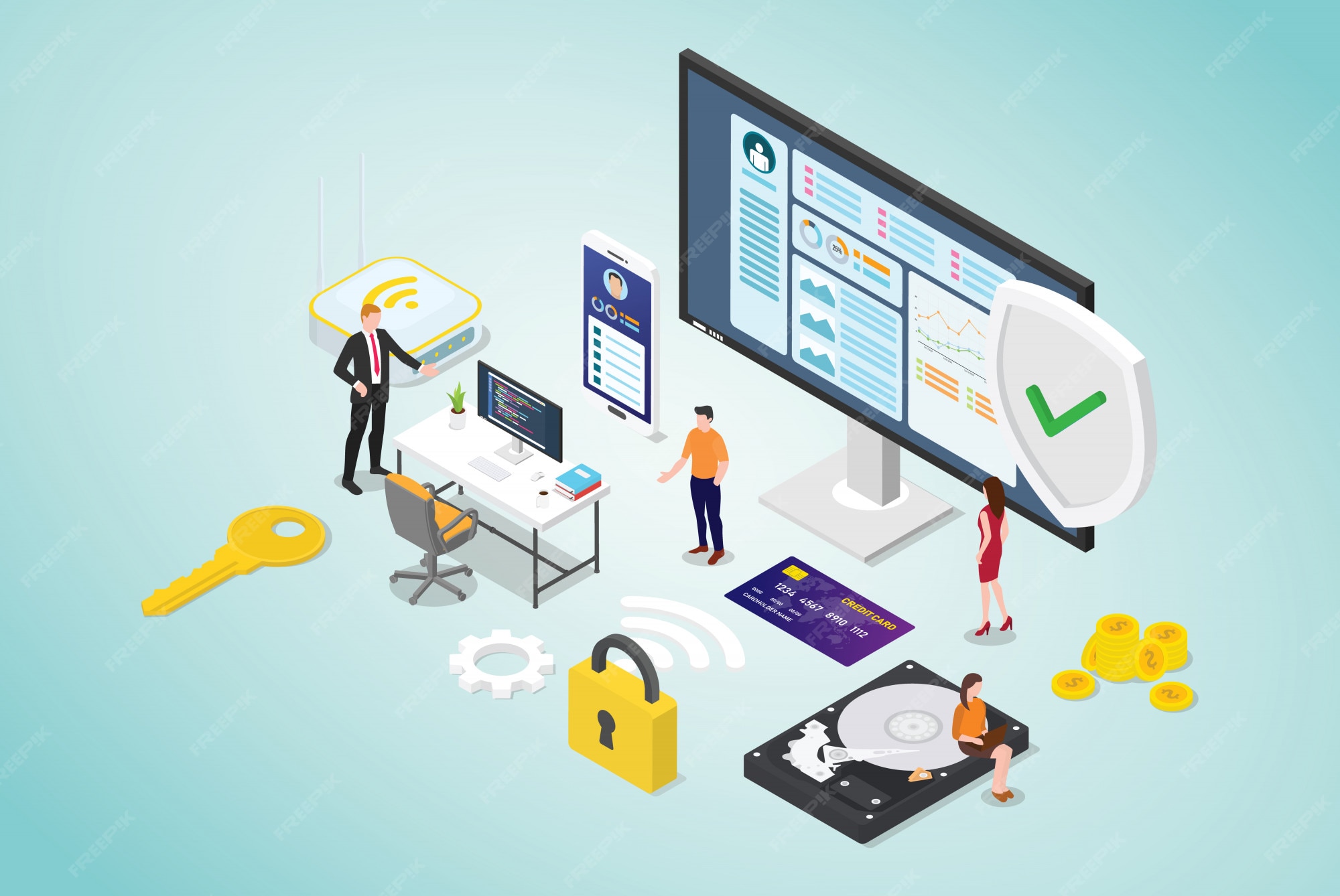 Premium Vector | Cyber security concept with team people and secure ...