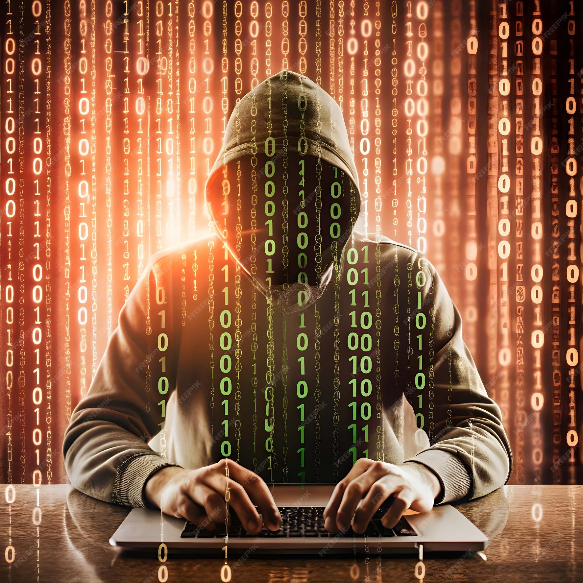 Cybersecurity Background with cascading green binary code with hacker silhouette typing ...