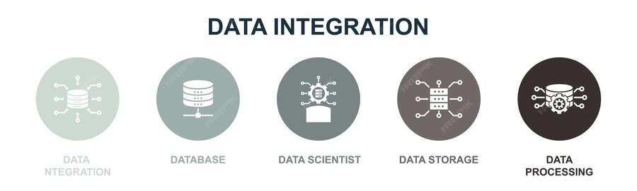 Premium Vector | Data integration database data scientist data storage data processing icons ...