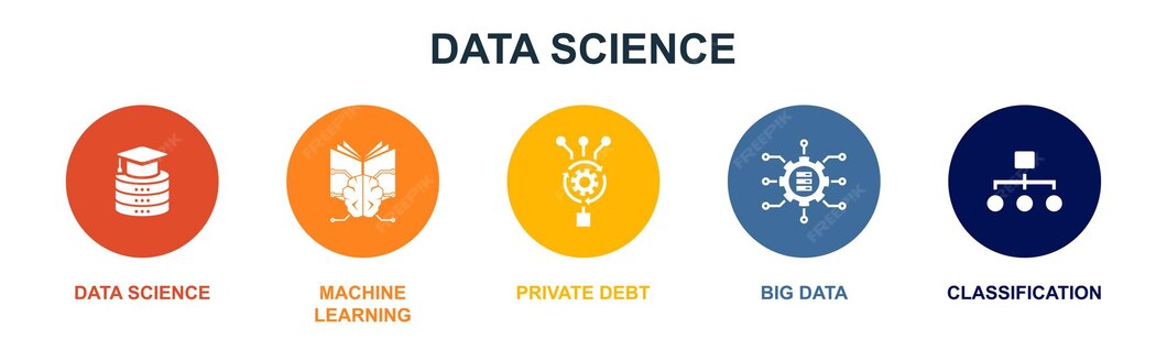 Наука о данных, машинное обучение, алгоритм, значки классификации больших данных, шаблон ...