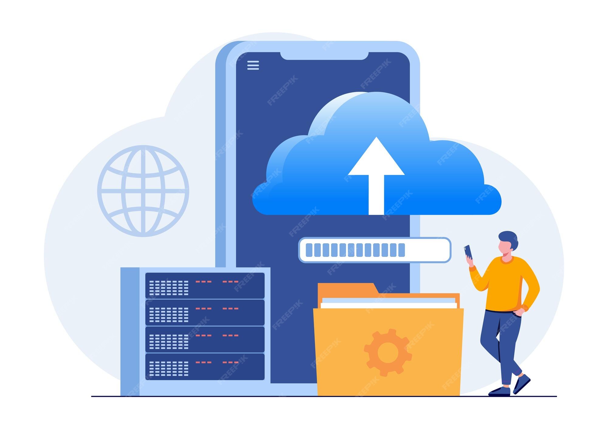 데이터 서버 웹 개념 스토리지 기술 데이터베이스 사람 장면의 템플릿 웹 사이트 폴더에 대한 플랫 디자인의 문자 활동이 있는 벡터 그림 프리미엄 벡터