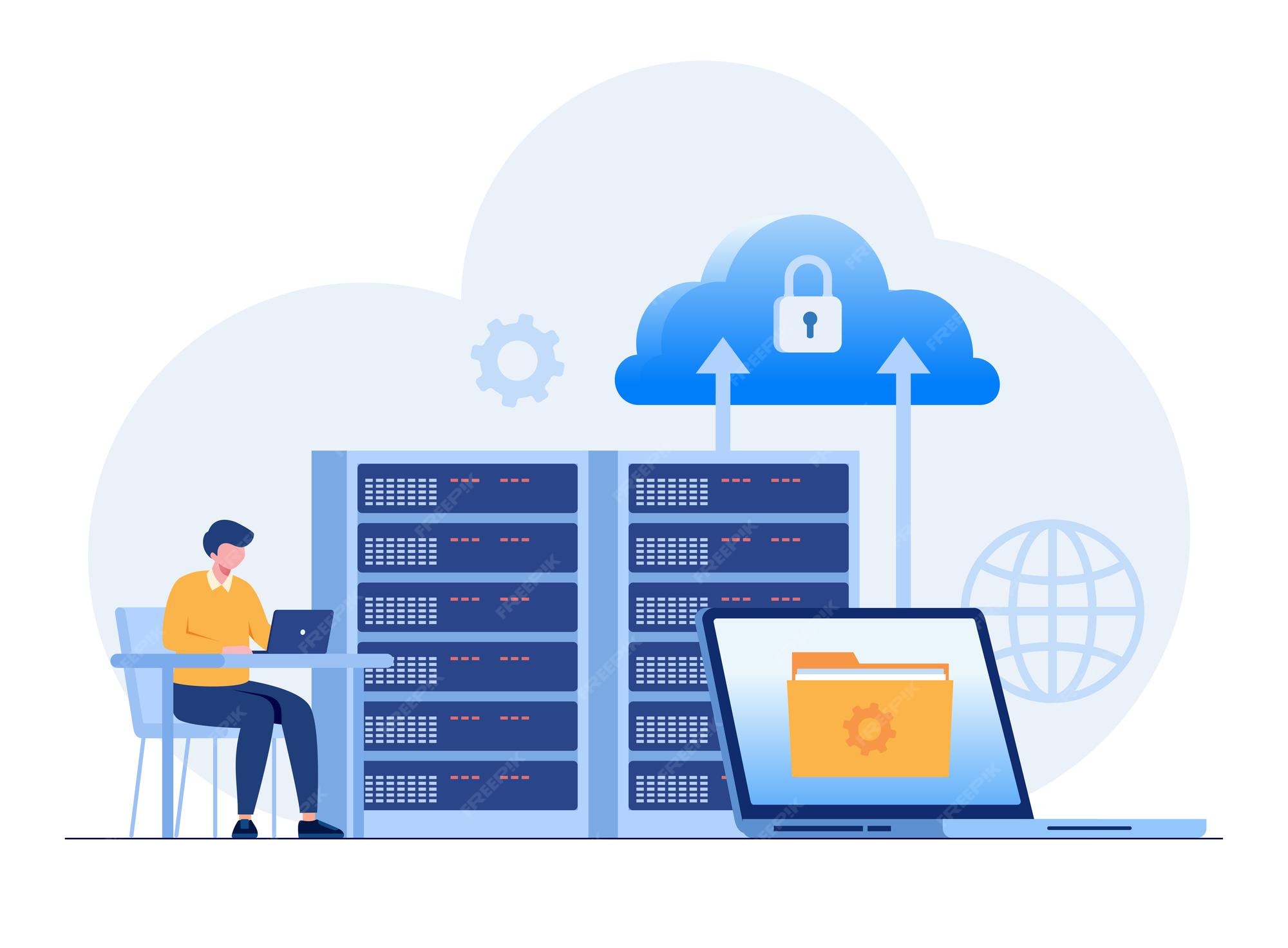 데이터 서버 웹 개념 스토리지 기술 데이터베이스 사람 장면의 템플릿 웹 사이트 폴더에 대한 플랫 디자인의 문자 활동이 있는 벡터