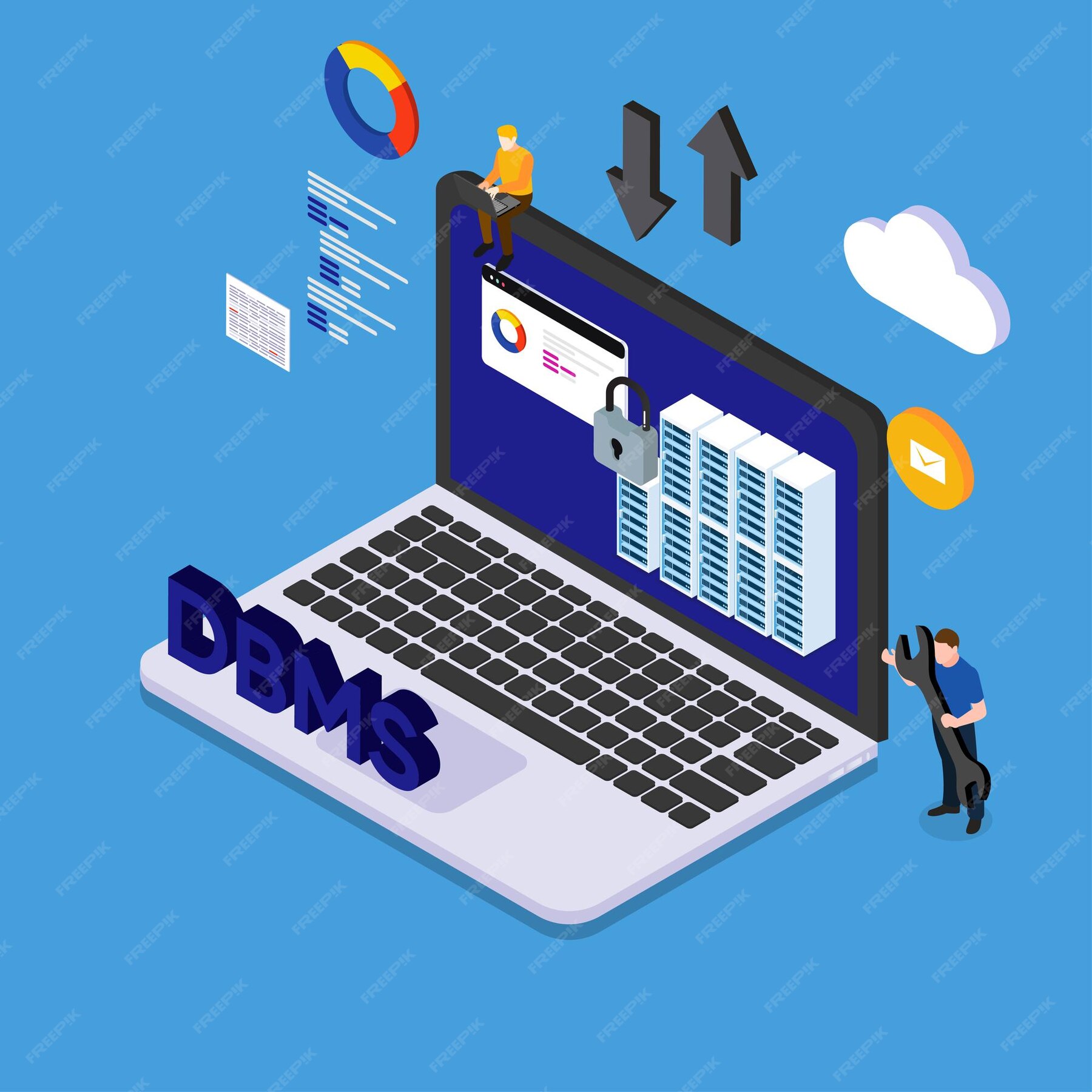 Premium Vector | Database administrator dbms software data center computer connection