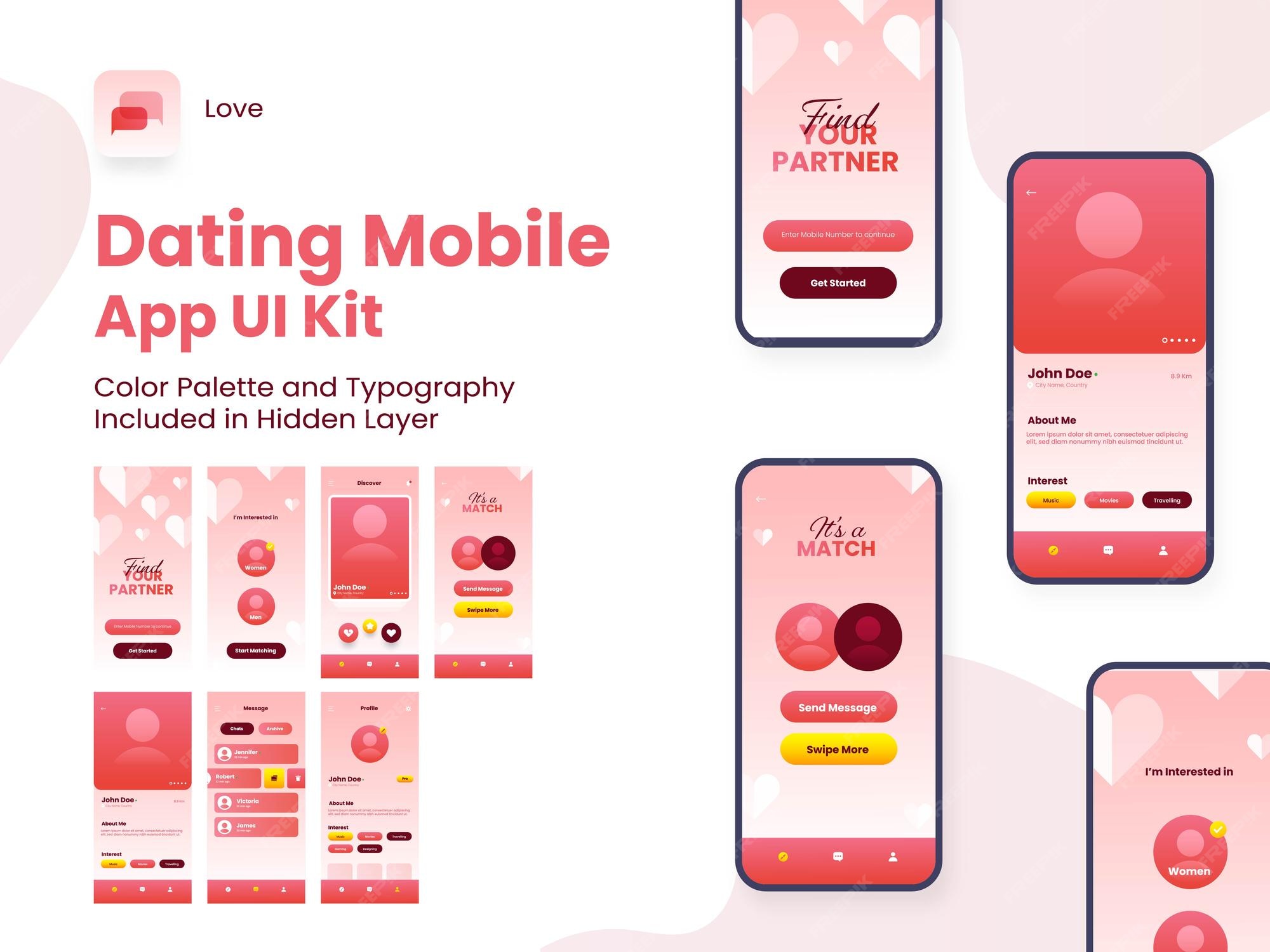Premium Vector | Dating App UI Kit for Responsive Mobile Application or Website with Multiple ...
