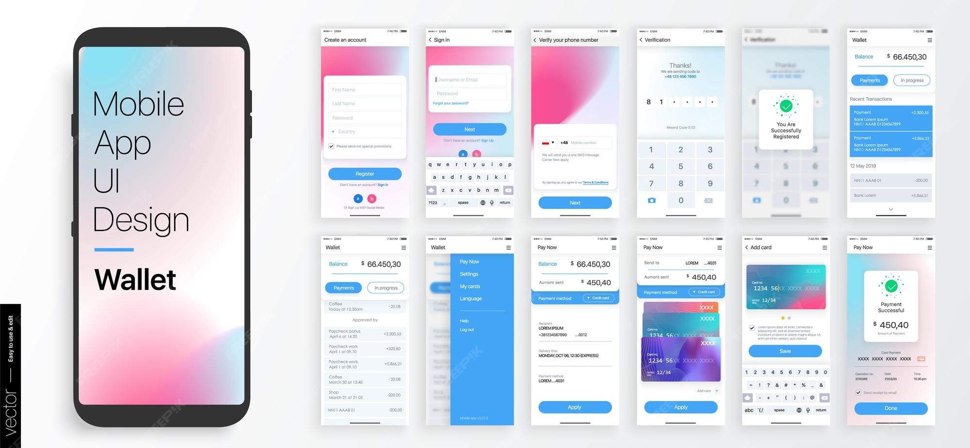 모바일 앱 및 사이트 로그인 및 비밀번호 설정 및 결제가 포함된 Gui 화면의 Ui 세트를 디자인합니다 프리미엄 벡터