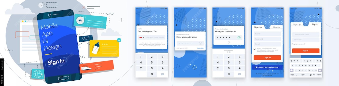 모바일 애플리케이션 Ui Ux를 디자인합니다 로그인 및 비밀번호 입력 로그인 및 가입이 있는 Gui 화면 프리미엄 벡터