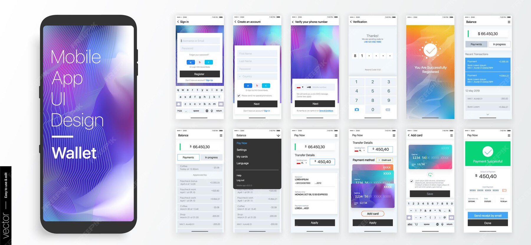 모바일 애플리케이션 Ui Ux 디자인 로그인 및 비밀번호 입력이 있는 Gui 화면 세트 프리미엄 벡터