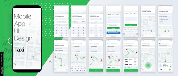 모바일 애플리케이션 Ui Ux 디자인 로그인 및 비밀번호 입력이 있는 Gui 화면 세트 프리미엄 벡터