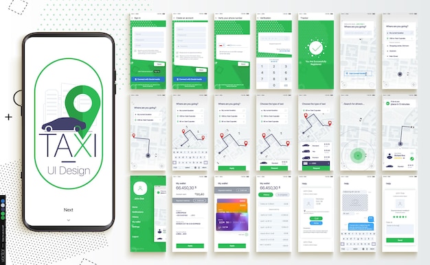 모바일 애플리케이션 Ui Ux Gui 화면 세트 택시 앱 디자인 프리미엄 벡터