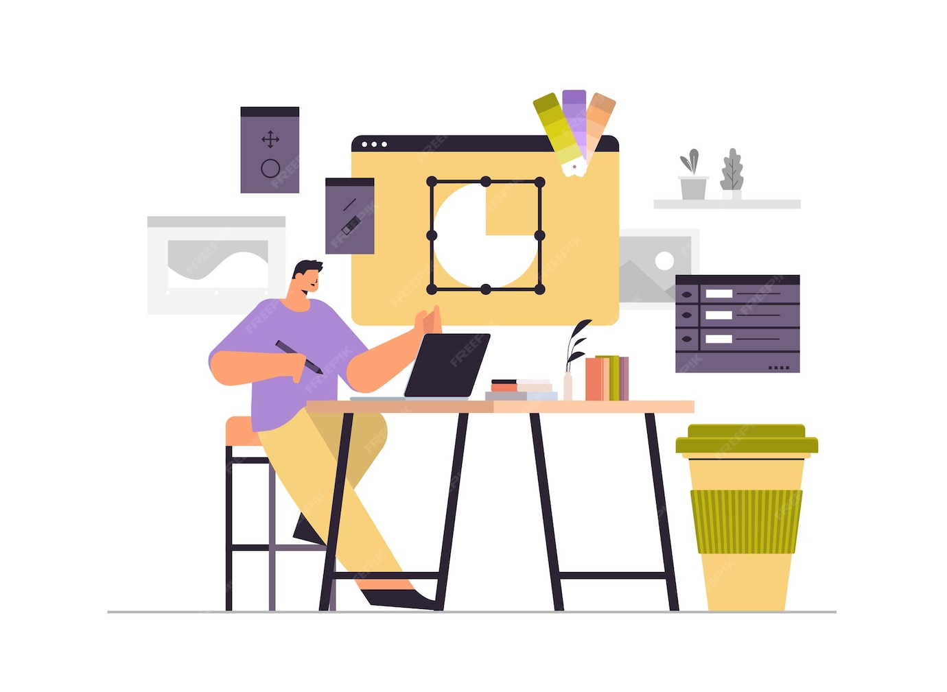 Premium Vector | Designer drawing with pen in graphic editor on laptop ...