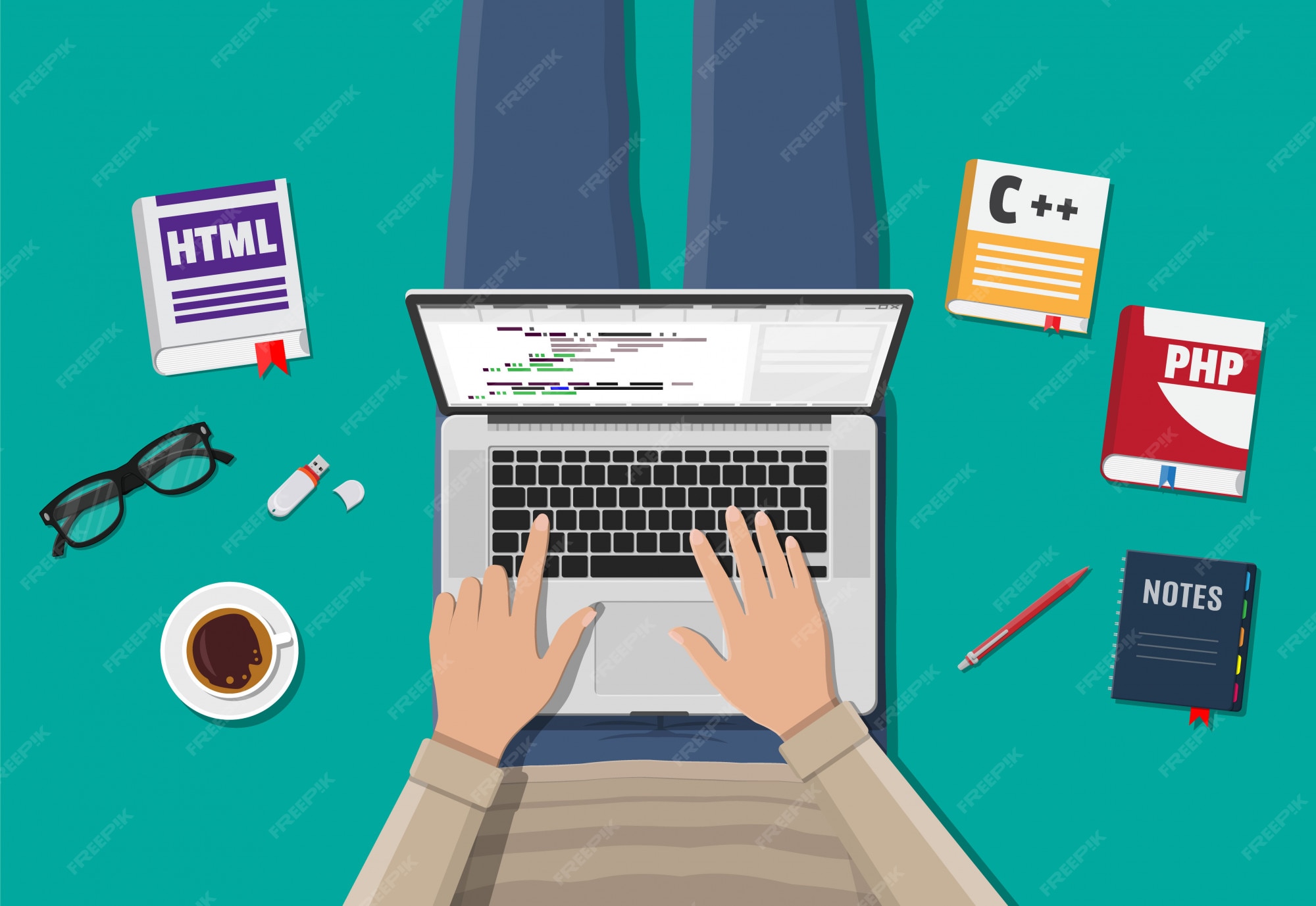 Premium Vector | Desktop of freelance programmer or coder.