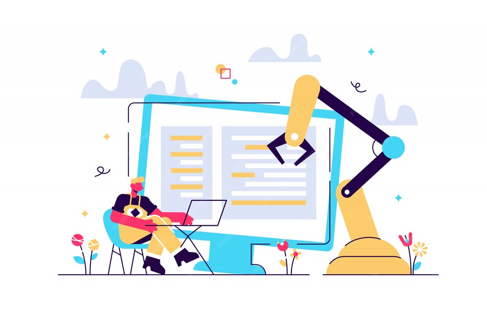 Premium Vector | Developer at laptop and computer with open robotic soft. open automation ...