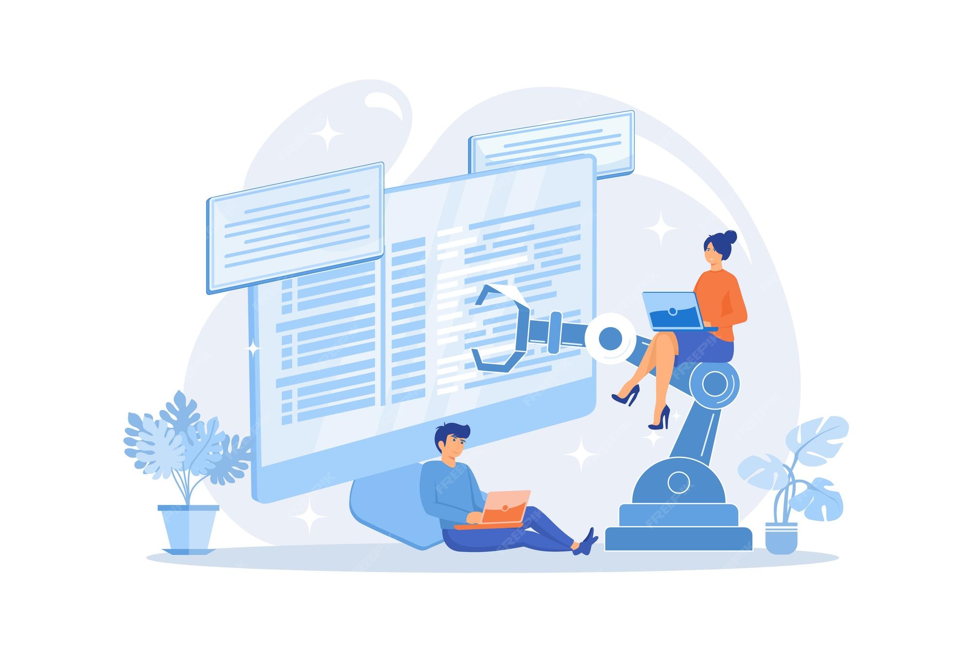 Premium Vector | Developer at laptop and computer with open robotic soft. open automation ...