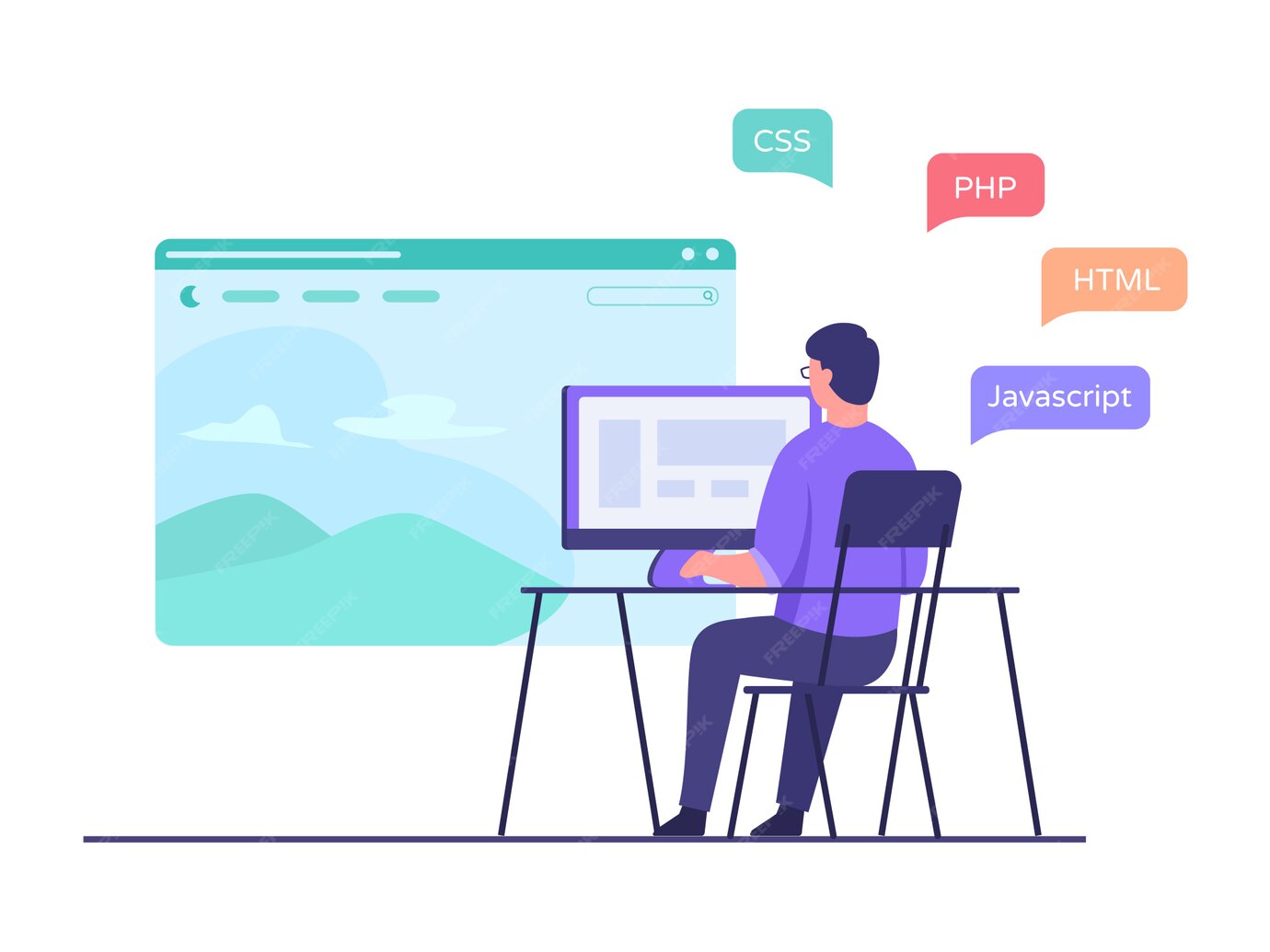 Premium Vector | An developer sit in chair working on computer create ...