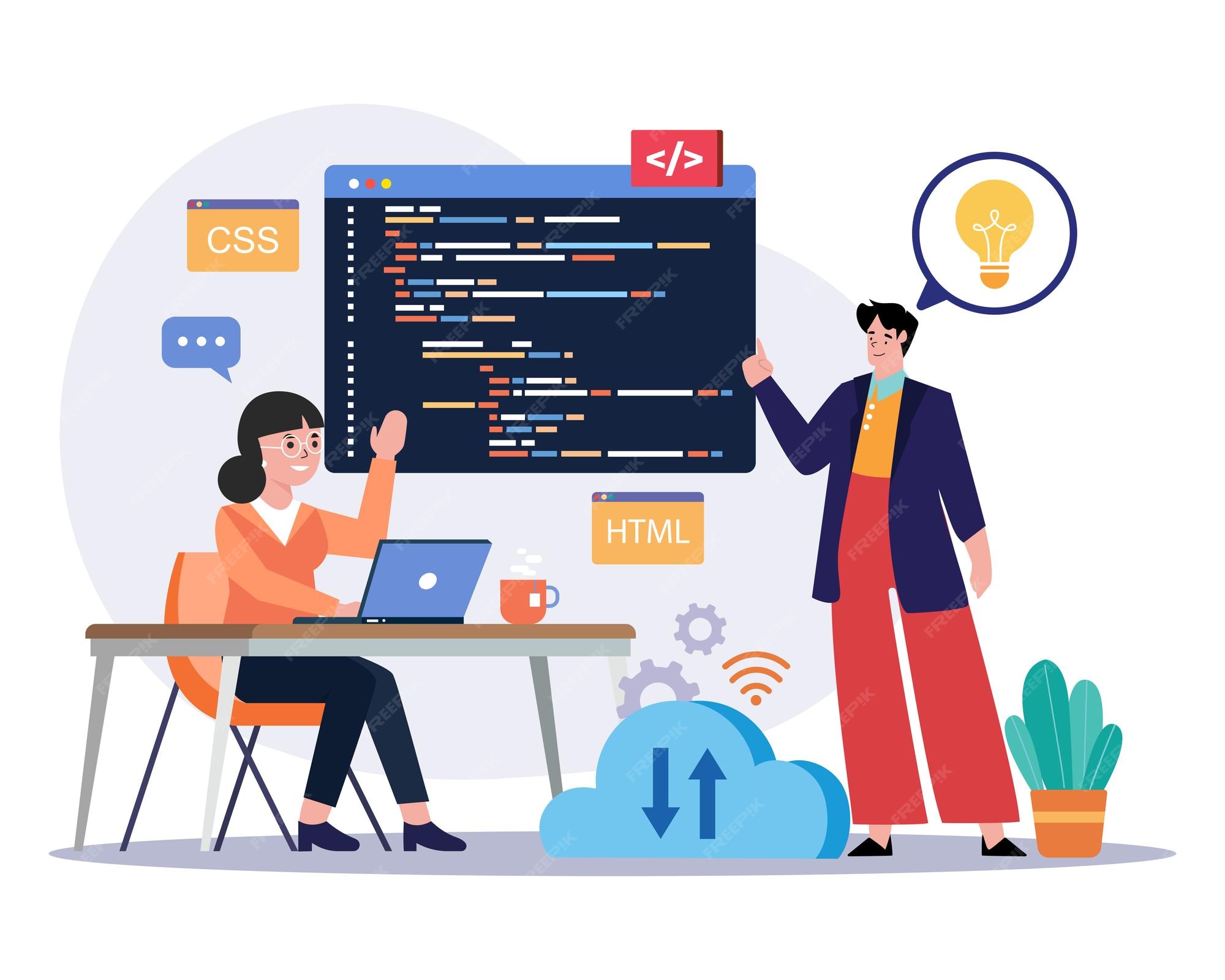 Premium Vector Developer Team Working On Coding Error Man And Women