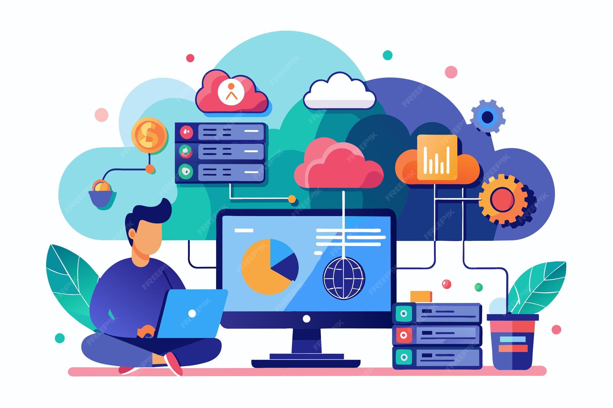 A developer uses a laptop surrounded by cloud services and data visualizations exploring cloud ...