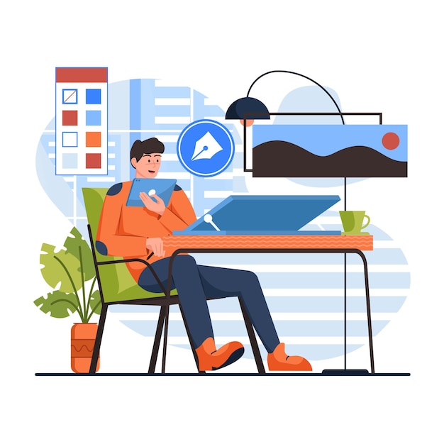 Premium Vector | Developer working on desktop flat illustration Premium Vector | Developer working on desktop flat illustration
